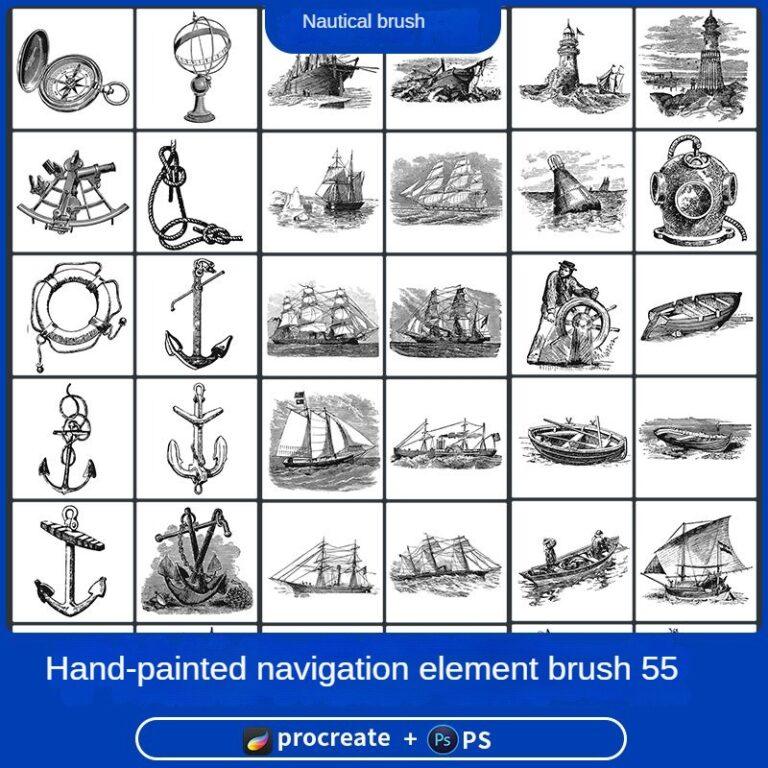 procreate brushes nautical sailboat anchor vintage hand-drawn ...